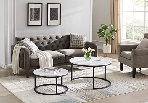 Modern Nesting Coffee Table Set of 2 for Living Room, Office, Balcony, Mid Century Round Wood Accent Coffee MDF Faux Marble Tabletop w/Black Color Frame, Gift for Thanksgiving Christmas -White