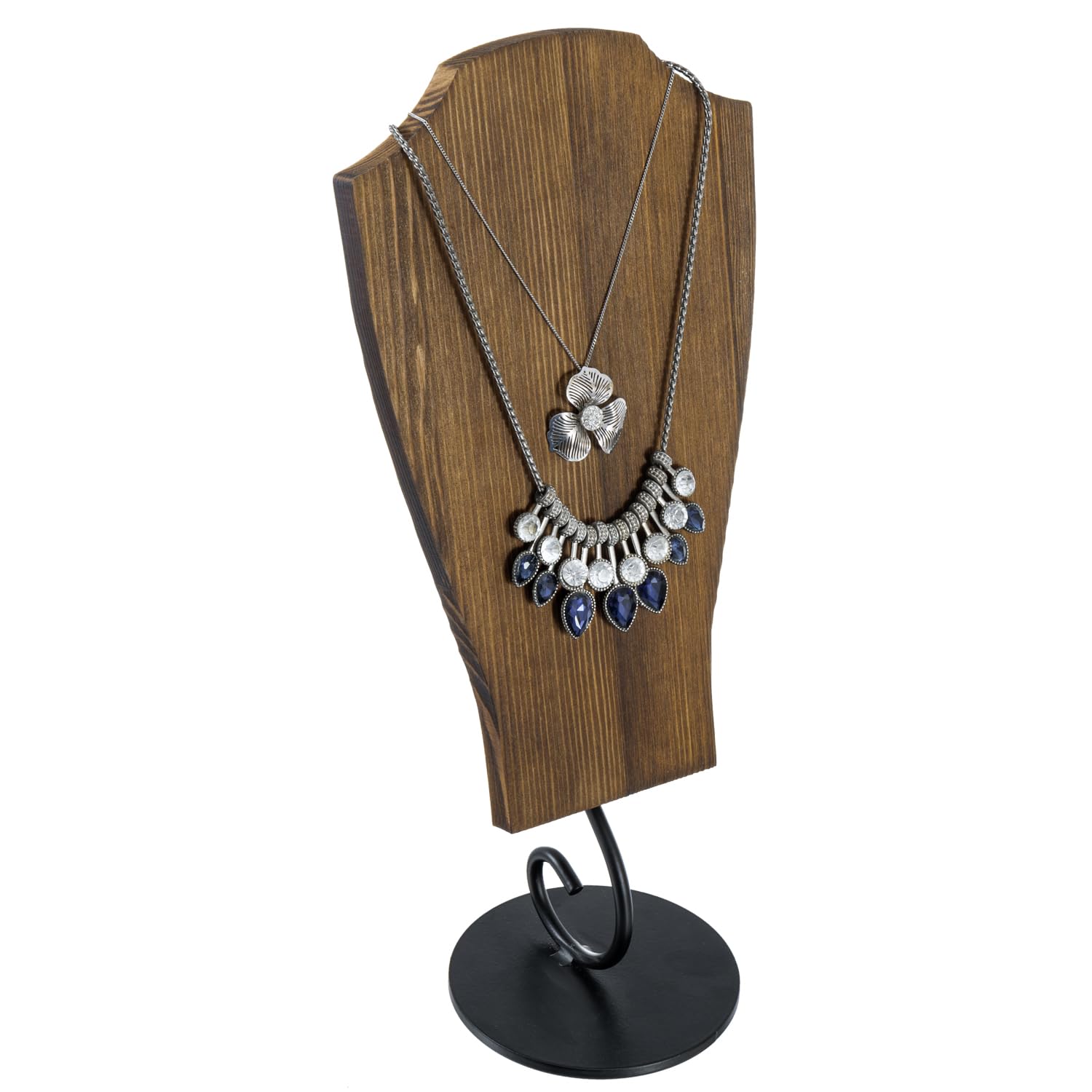 MyGift Vintage Style Necklace Stand with Rustic Burnt Solid Wood Neck Form and Matte Black Metal Scrollwork Design, Tabletop Jewelry Holder Rack for Home or Retail Display