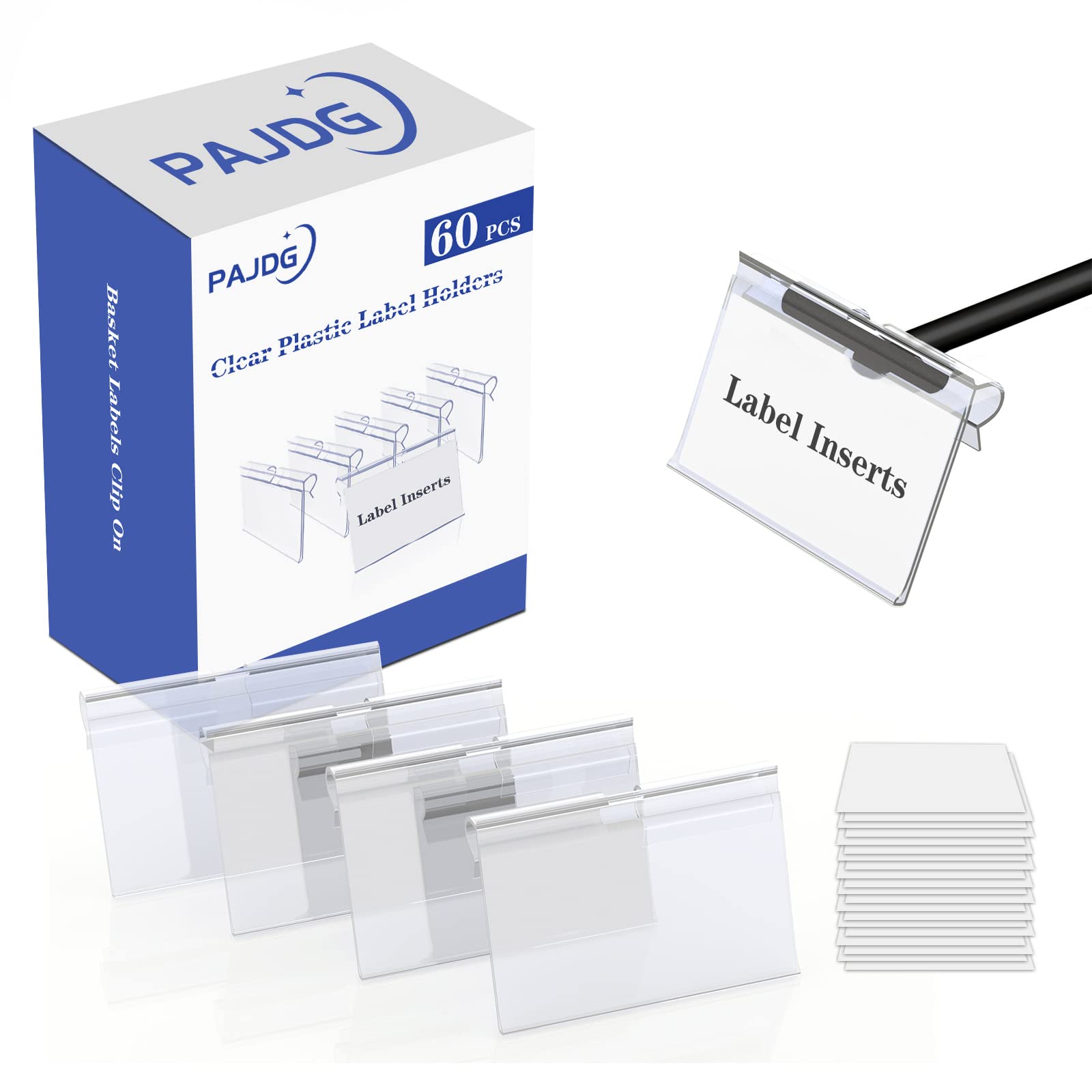 Storage Bin Labels Clip On,60PCS Clear Plastic Bin Labels Clips,Extra 80 Label Papers Included,Perfect for Wire Shelf,Baskets,Fabric Storage Cubes,Storage Closet,Cloth Bins,Food Pantry (6X4.2CM)