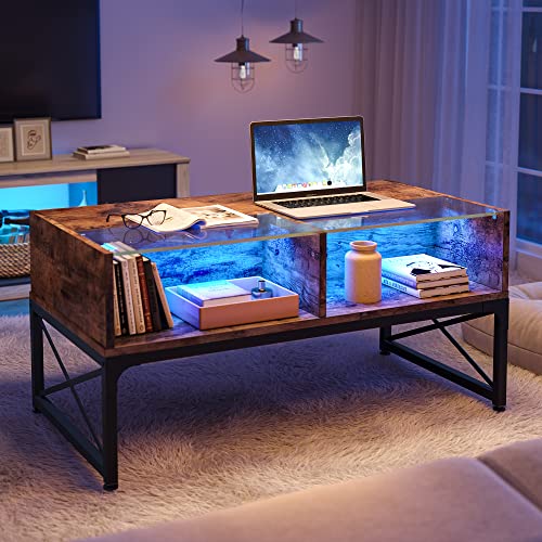 Bestier LED Coffee Tables for Living Room, 42 Inch Wood Center Table with Glass Top for Game Night. Living Room Tables Rustic Brown