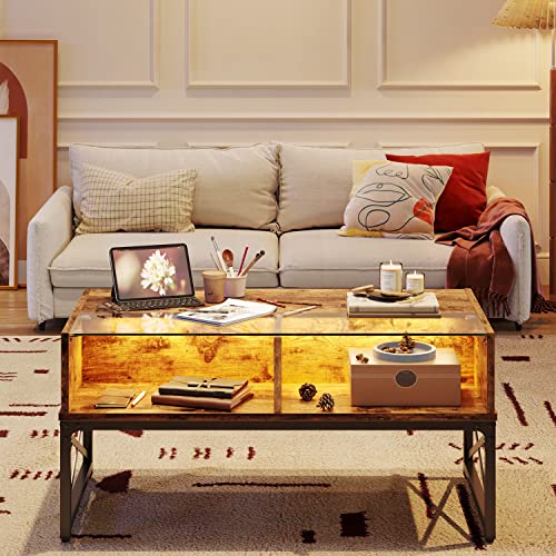Bestier LED Coffee Tables for Living Room, 42 Inch Wood Center Table with Glass Top for Game Night. Living Room Tables Rustic Brown