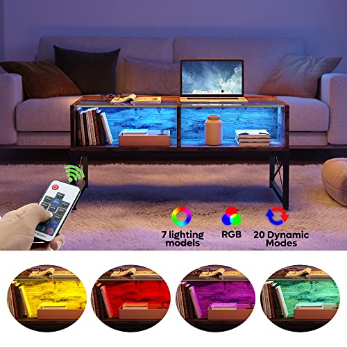 Bestier LED Coffee Tables for Living Room, 42 Inch Wood Center Table with Glass Top for Game Night. Living Room Tables Rustic Brown