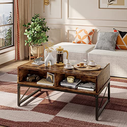 Bestier LED Coffee Tables for Living Room, 42 Inch Wood Center Table with Glass Top for Game Night. Living Room Tables Rustic Brown