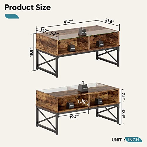 Bestier LED Coffee Tables for Living Room, 42 Inch Wood Center Table with Glass Top for Game Night. Living Room Tables Rustic Brown
