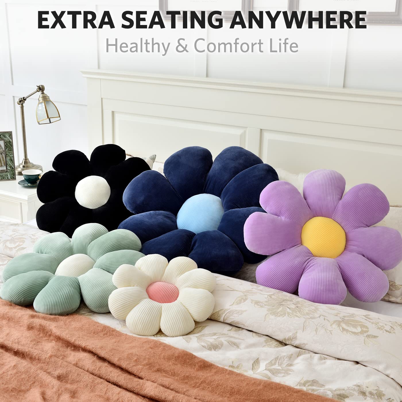 Sioloc Flower Pillow,Flower Shaped Throw Pillow Butt Cushion Flower Floor Pillow,Seating Cushion,Cute Room Decor & Plush Pillow for Bedroom Sofa Chair(Black,15.7'')