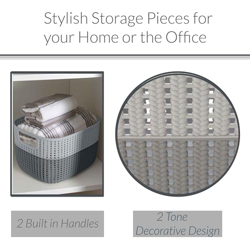 Simplify 2 Tone Sailor Knot Plastic Storage Tote | Decorative Basket | Closet Organization | De-clutter | Accessories | Toys | Bathroom Organization | Large | Grey/Grey