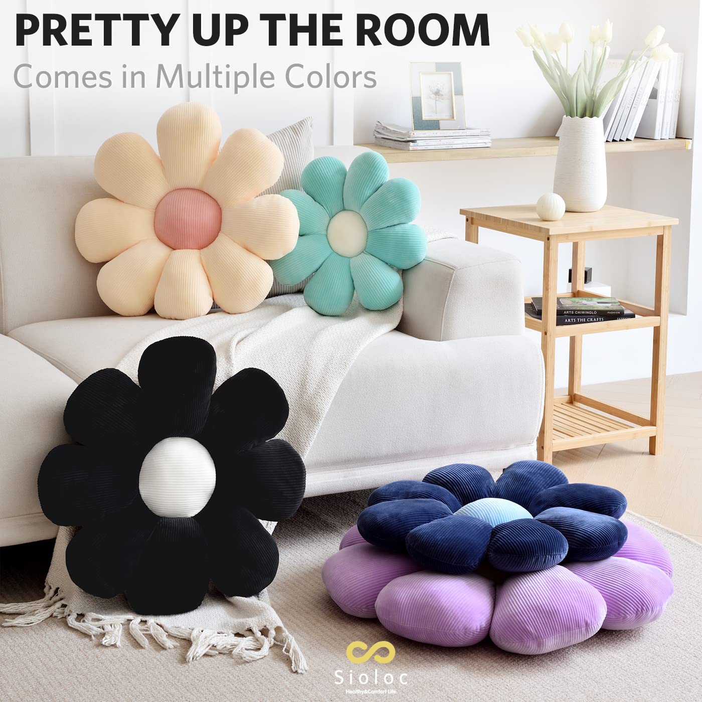 Sioloc Flower Pillow,Flower Shaped Throw Pillow Butt Cushion Flower Floor Pillow,Seating Cushion,Cute Room Decor & Plush Pillow for Bedroom Sofa Chair(Black,15.7'')