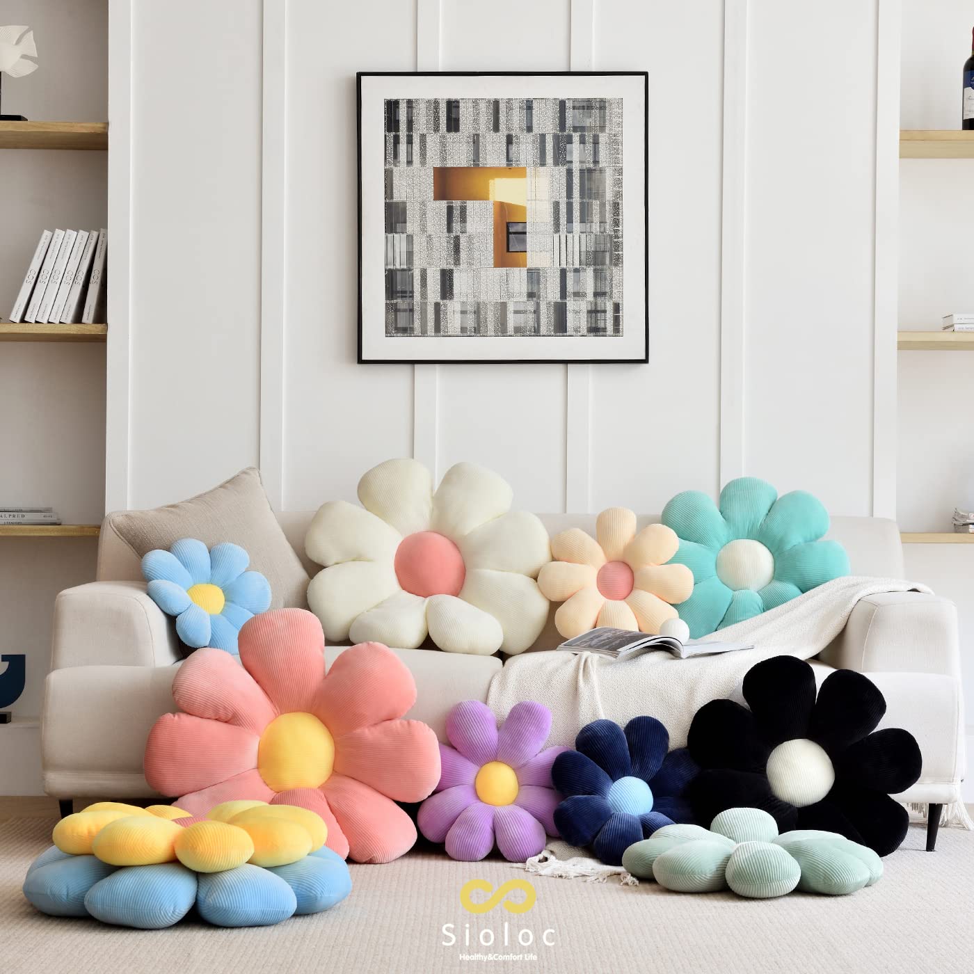 Sioloc Flower Pillow,Flower Shaped Throw Pillow Butt Cushion Flower Floor Pillow,Seating Cushion,Cute Room Decor & Plush Pillow for Bedroom Sofa Chair(Black,15.7'')