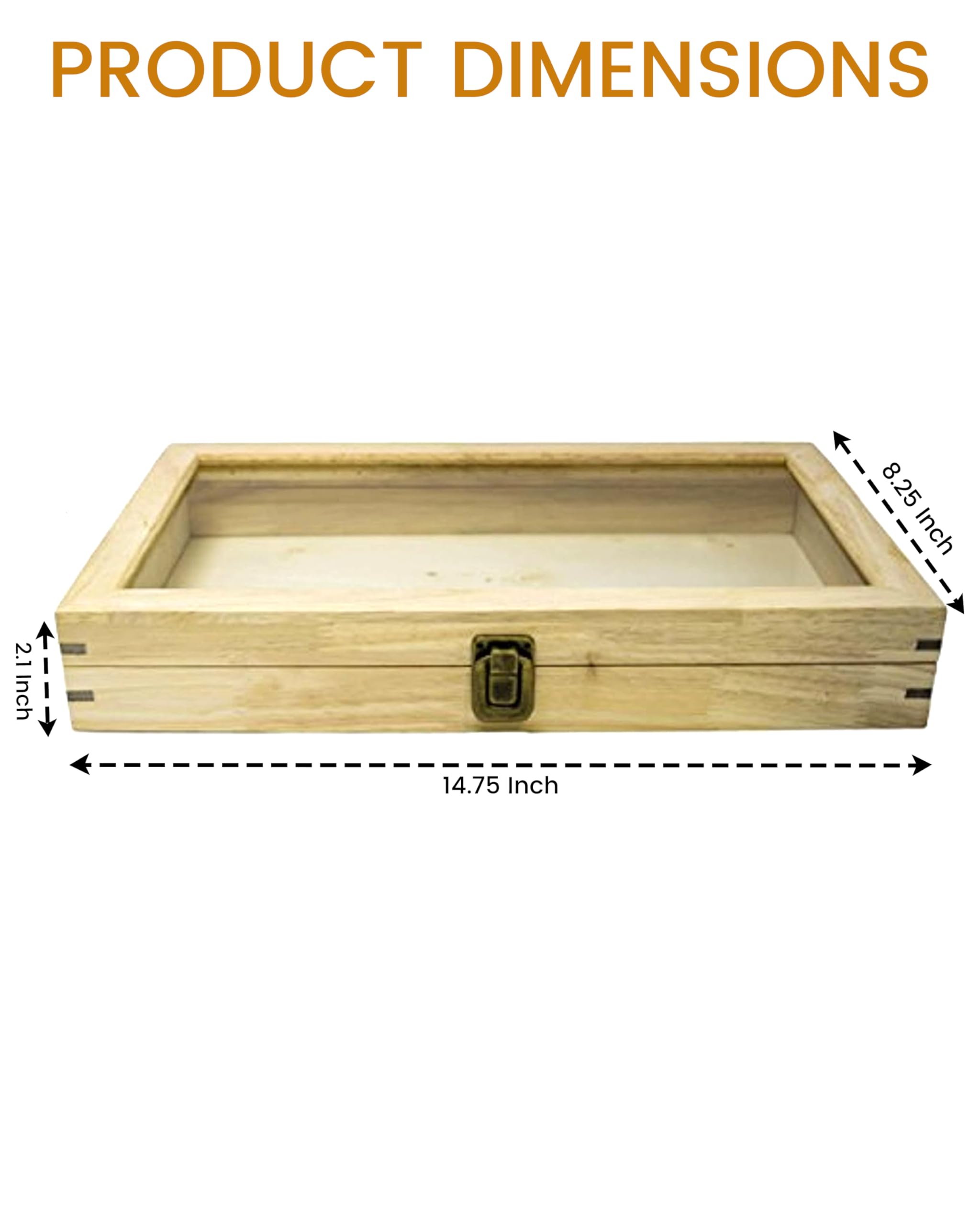 Novel Box Jewelry Display Case Wood 14.75x8.25x2.1 Large Glass Jewelry Box with Lid - Display Cases for Collectibles - Rock Collection Box with Metal Clasp - Gem Display Case