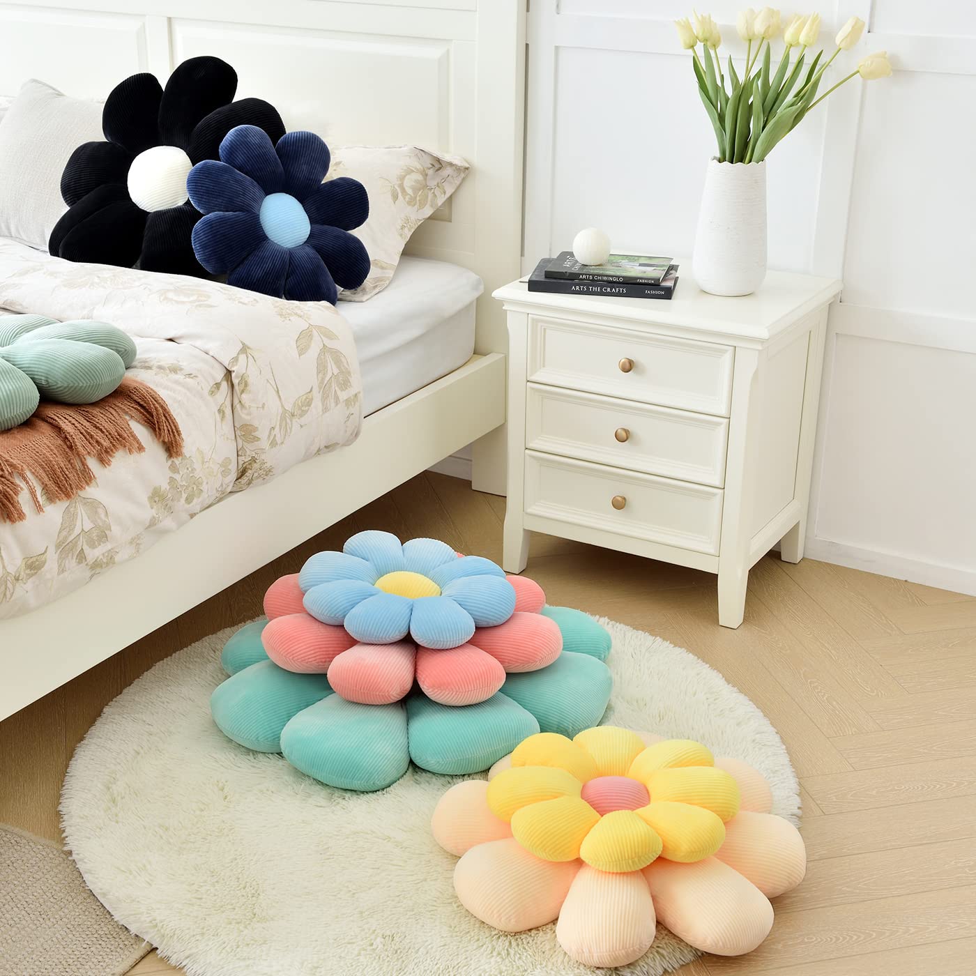 Sioloc Flower Pillow,Flower Shaped Throw Pillow Butt Cushion Flower Floor Pillow,Seating Cushion,Cute Room Decor & Plush Pillow for Bedroom Sofa Chair(Black,15.7'')