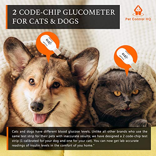 Pet Control HQ Blood Sugar Glucose Monitor System - Cat and Dog Glucose Monitoring Kit - Accurate Diabetes Testing 2 Calibrated Code-Chips, Lancets, Logbook - Monitor + 50 Test Strips