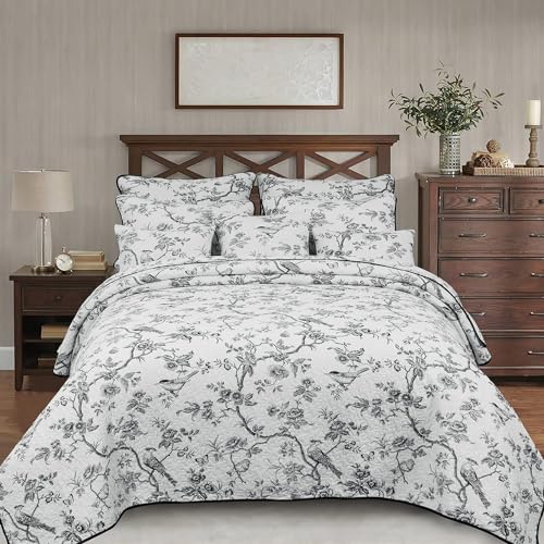EVENHUG Quilted Pillow Shams Set of 2 Black Bird Pillow Covers Floral Pillowcases Matching Bedding Decoration (20" X 36")