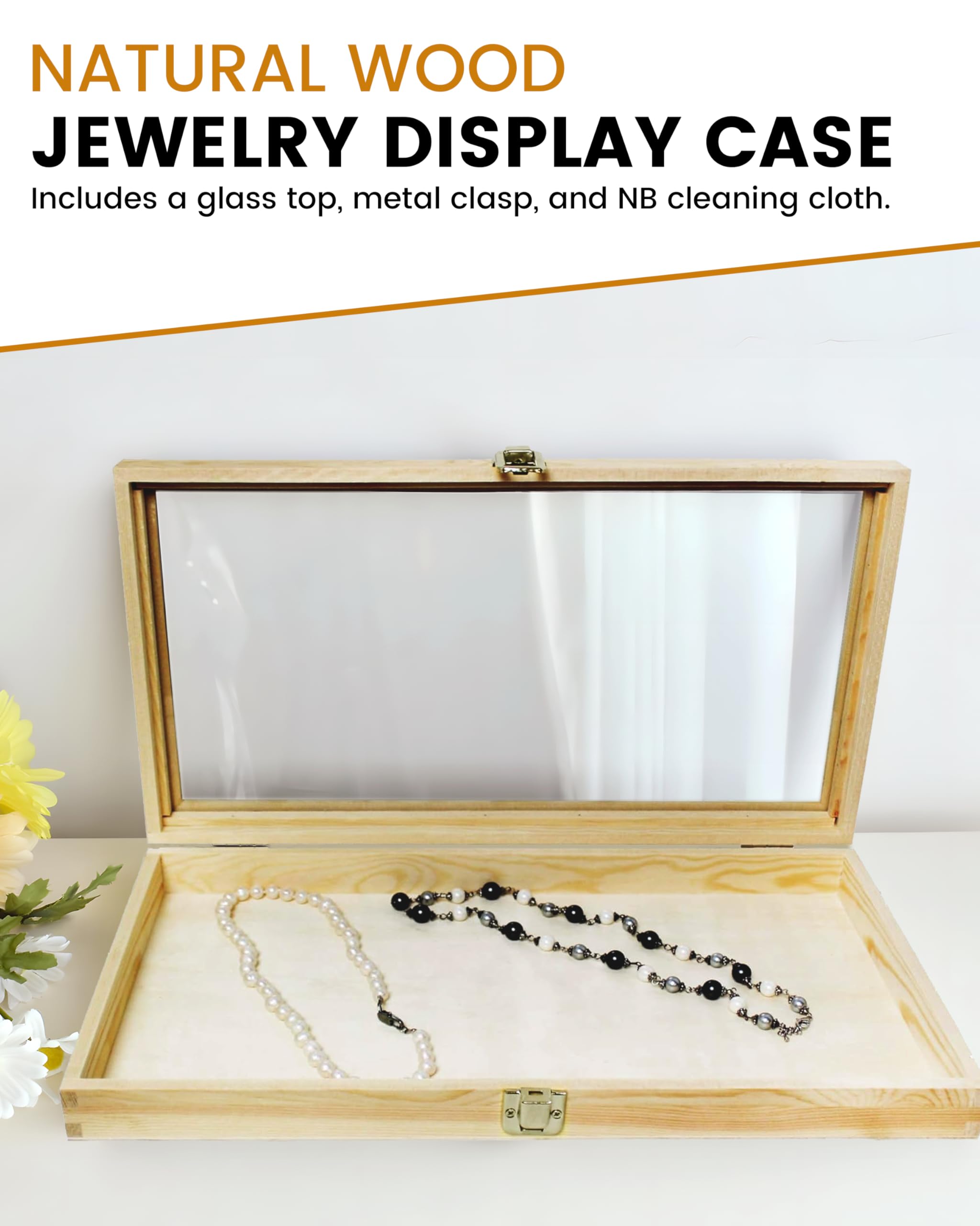 Novel Box Jewelry Display Case Wood 14.75x8.25x2.1 Large Glass Jewelry Box with Lid - Display Cases for Collectibles - Rock Collection Box with Metal Clasp - Gem Display Case