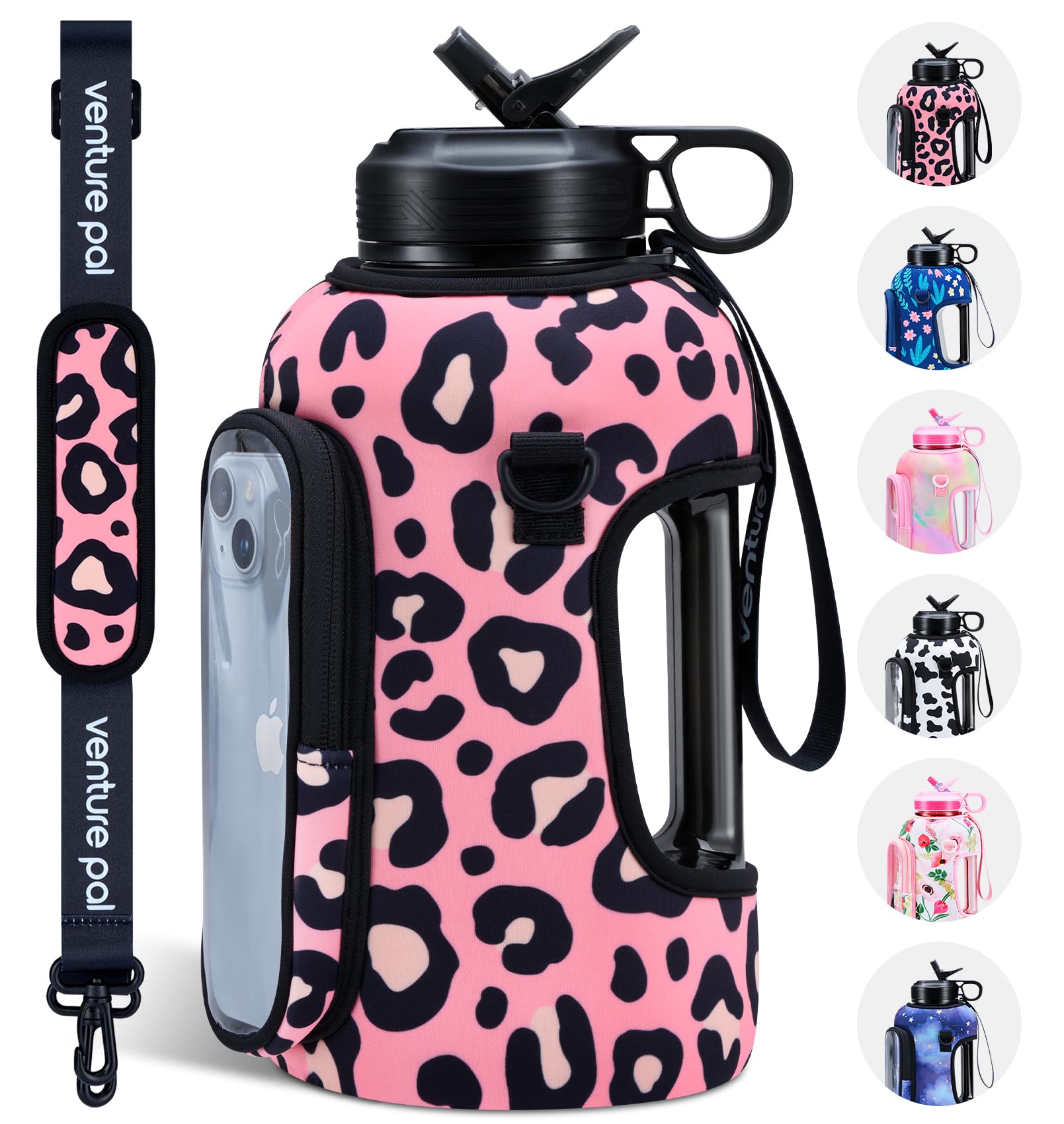 Venture Pal Large 64 oz/Half Gallon Motivational Water Bottle with Storage Sleeve - BPA Free Water Jug with Handle and Adjustable Strap - Comes with a Complimentary Cleaning Brush and Straw Brush