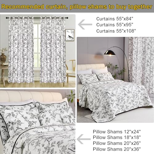 EVENHUG Quilted Pillow Shams Set of 2 Black Bird Pillow Covers Floral Pillowcases Matching Bedding Decoration (20" X 36")