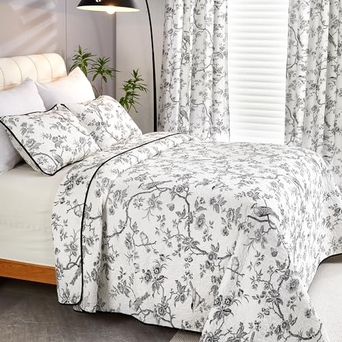 EVENHUG Quilted Pillow Shams Set of 2 Black Bird Pillow Covers Floral Pillowcases Matching Bedding Decoration (20" X 36")