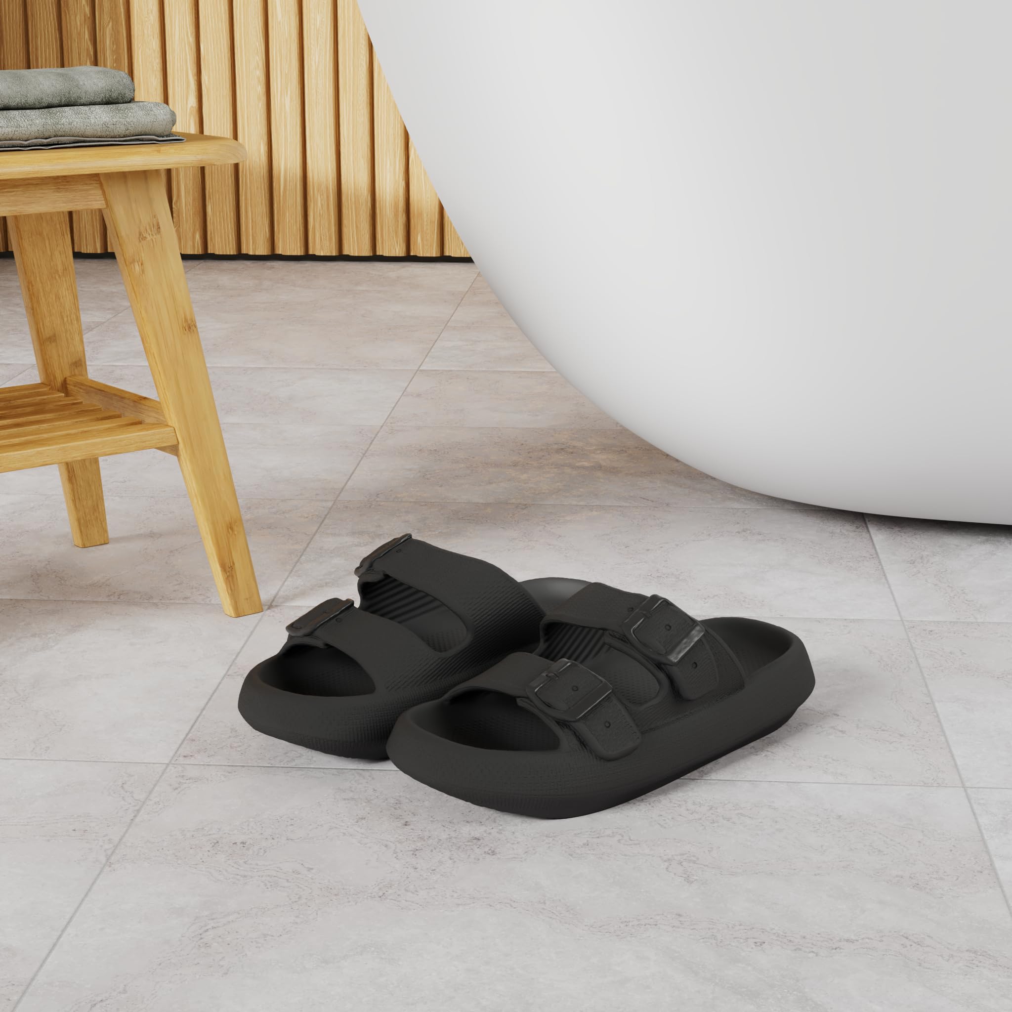 BRONAX Cloud Slides for Women Shower Pillow Slippers Cushion Bathroom Pool Extra Thick Sole Adjustable Double Buckle Foam Beach Sandals Ladies Soft Size Black