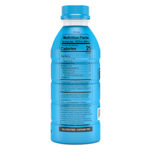 Prime Hydration Drink Sports Beverage"BLUE RASPBERRY," Naturally Flavored, 10% Coconut Water, 250mg BCAAs, B Vitamins, Antioxidants, 835mg Electrolytes, 25 Calories per 16.9 Fl Oz Bottle (Pack of 12)