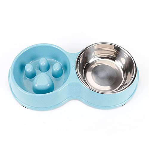 FUUIE Bowls for Food and Water Eco Friendly Slow Feeder Double Dog Bowl for Dogs Cats Stainless Steel Anti Slip Pet Food Doggy Bowl Drinking (Color : Blue)