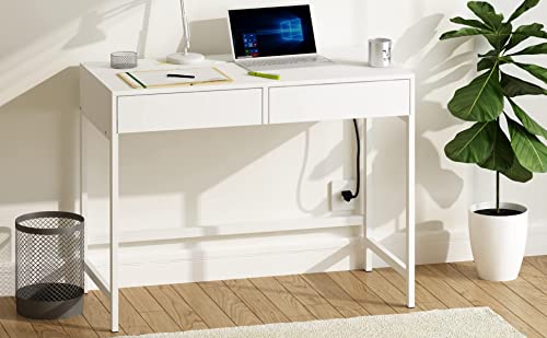 Treocho Computer Desk with USB Charging Ports and Power Outlets, Modern Simple 40 inch White Desk with 2 Drawers, Vanity Desk, Makeup Table for Home Office, Bedroom