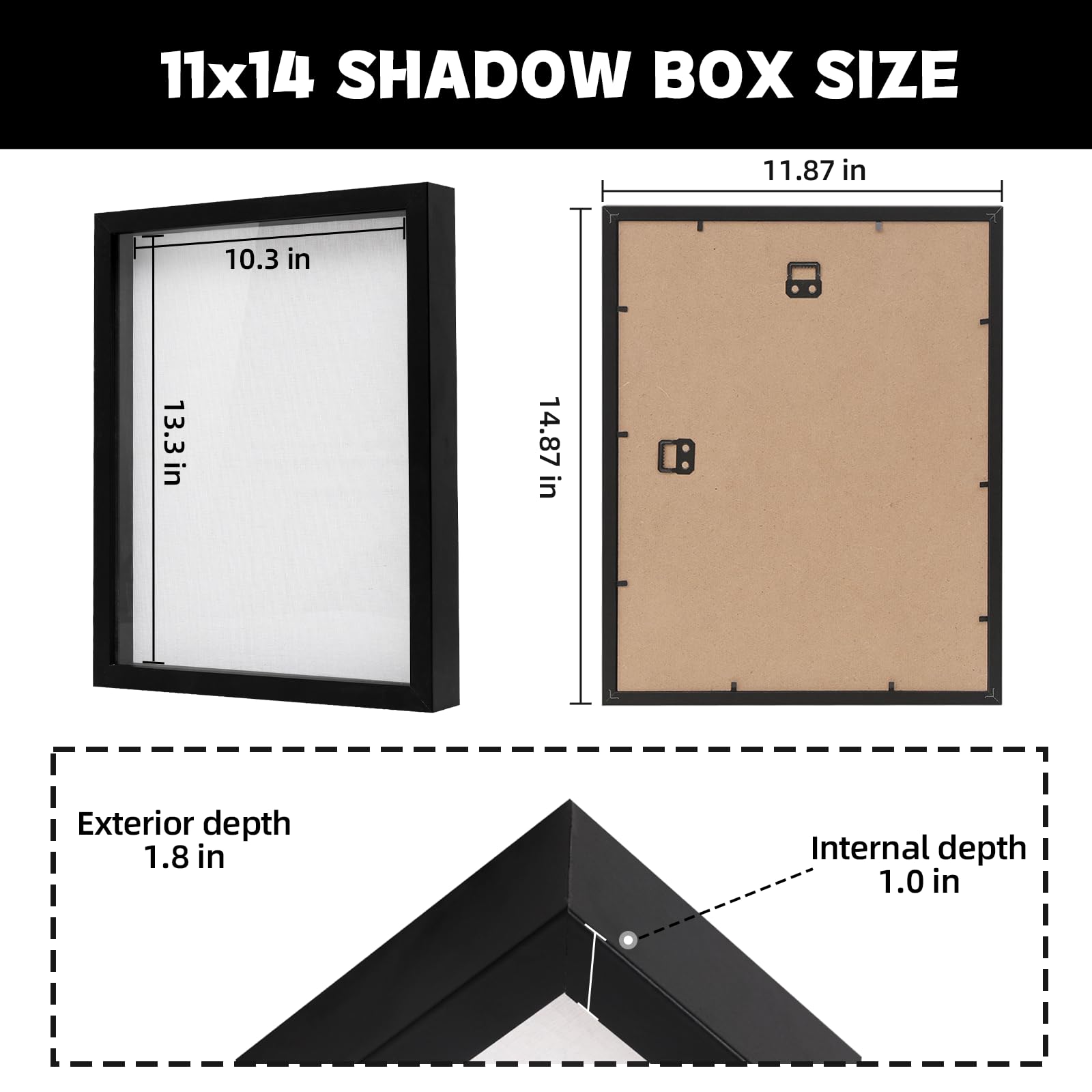 Muzilife 11x14 Shadow Box Picture Frame with Linen Board - Deep Wood & Glass Display Rustic Case Ready to Hang Memorabilia, Pins, Awards, Medals, Wedding, Tickets, and Photos, Black