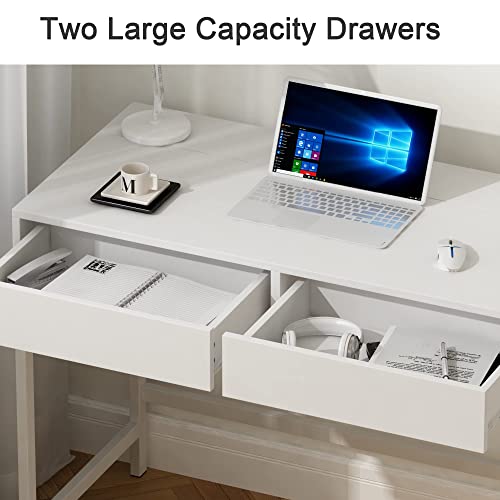 Treocho Computer Desk with USB Charging Ports and Power Outlets, Modern Simple 40 inch White Desk with 2 Drawers, Vanity Desk, Makeup Table for Home Office, Bedroom