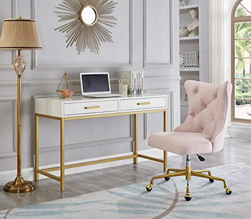 24KF Modern Century Home Office Desk with Lacquer Finish Golden Metal Base,Console Table with 2 Drawers - 80612-White