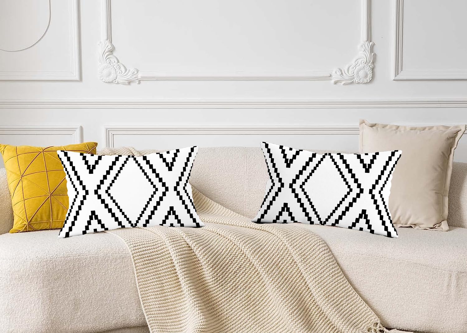 Yaofavo Set of 2 Black Lumbar Pillow Covers Boho Aztec Polyester Blend Decorative Throw Pillow Covers for Sofa Couch Bed Decor, 2 Pack of Pillowcase Only(12x20 Inches, Boho White More)