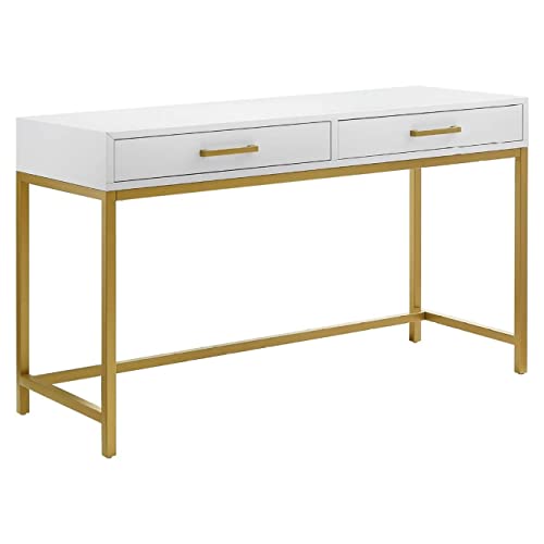24KF Modern Century Home Office Desk with Lacquer Finish Golden Metal Base,Console Table with 2 Drawers - 80612-White