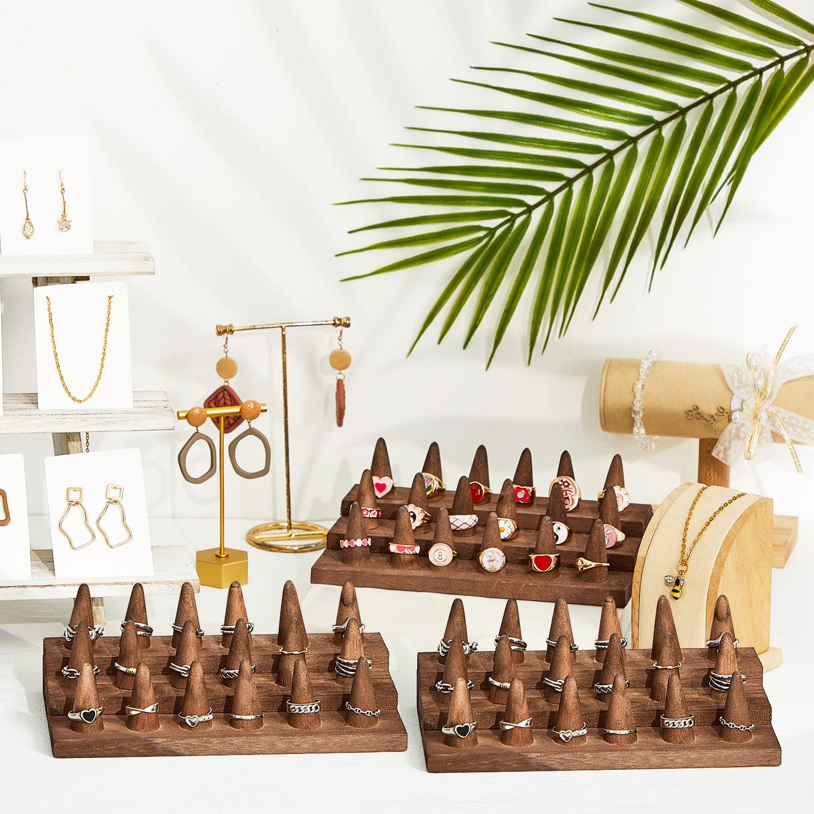 Juexica Wood Ring Display, 4 Pcs Ring Display Stand, 18 Fingers Ring Holder, Wood Jewelry Display for Ring Organizer Show Storage, Brown