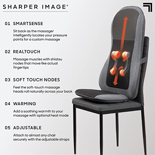 Sharper Image Smartsense Shiatsu Realtouch Massaging Chair Pad with Extra Cushion, Soothing Heat, 4 Deep Kneading Gel Nodes, Pain Relief for Neck, Back, Shoulders, Lumbar, Pressure Points Body Scan