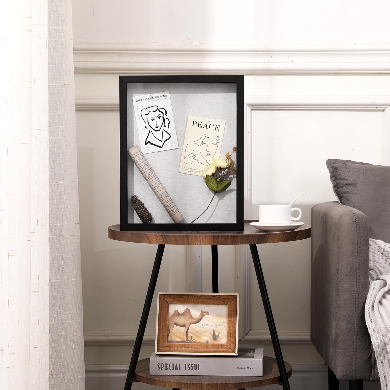 Muzilife 11x14 Shadow Box Picture Frame with Linen Board - Deep Wood & Glass Display Rustic Case Ready to Hang Memorabilia, Pins, Awards, Medals, Wedding, Tickets, and Photos, Black