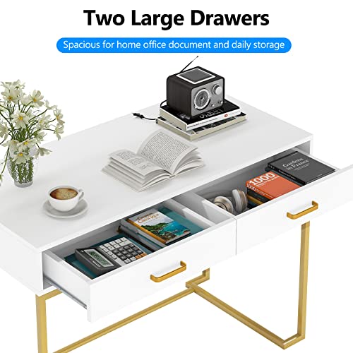 Tribesigns Computer Desk with 2 Drawers, 39.4β Modern Simple White and Gold Writing Desk Desk with Storage Drawers, Makeup Vanity Console Table Study Desk for Home Office