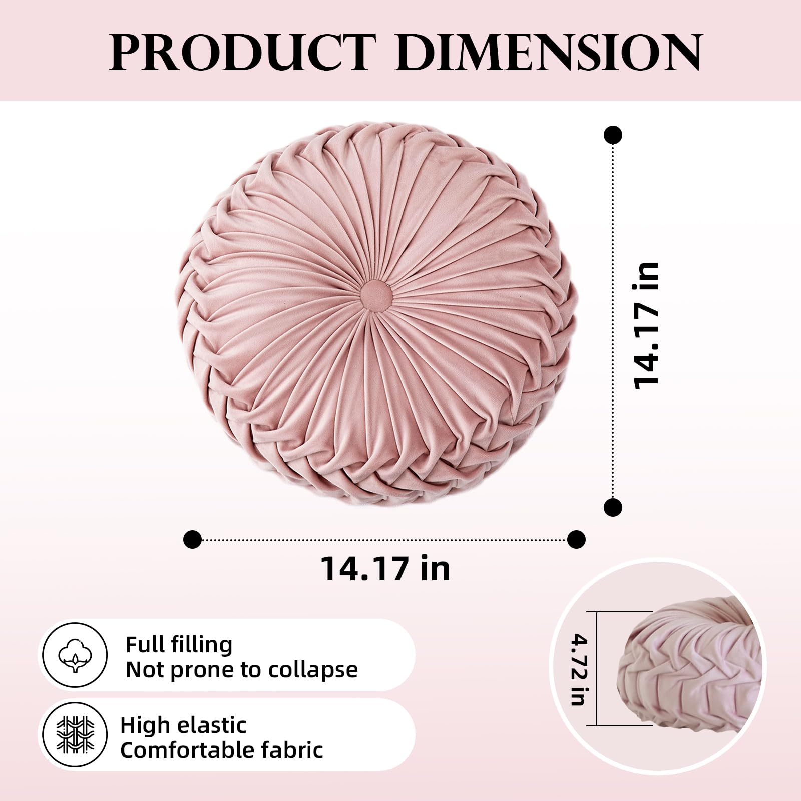 Teieas Round Throw Pillow Velvet Home Decoration Pleated Round Pillow Cushion for Couch Chair Bed Car Black