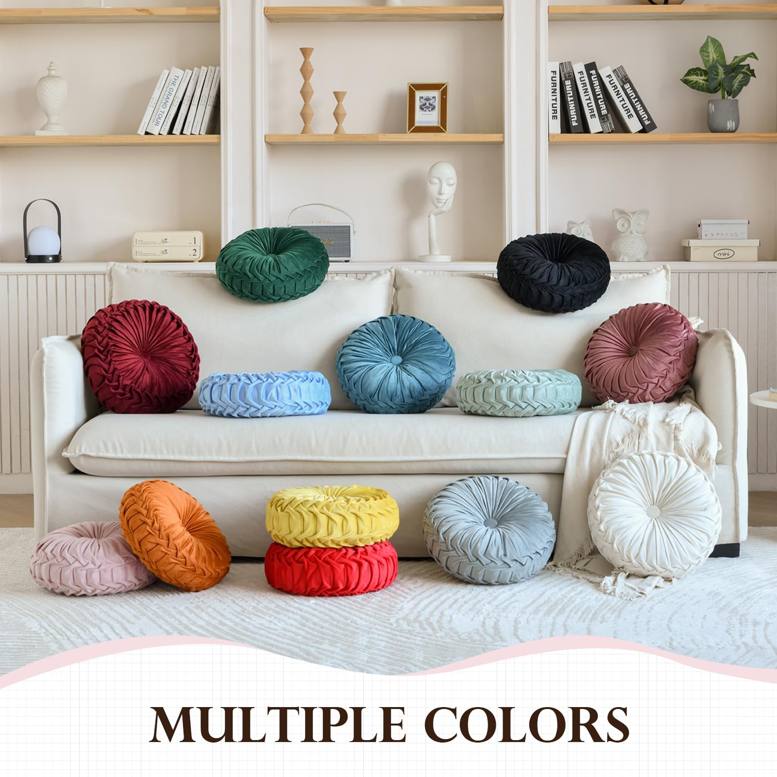 Teieas Round Throw Pillow Velvet Home Decoration Pleated Round Pillow Cushion for Couch Chair Bed Car Black