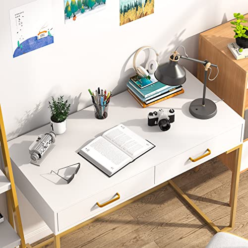 Tribesigns Computer Desk with 2 Drawers, 39.4β Modern Simple White and Gold Writing Desk Desk with Storage Drawers, Makeup Vanity Console Table Study Desk for Home Office