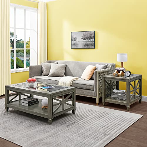Solid Wood Coffee Table with Tempered Glass Top, Rectangular Living Room Table with 2-tire Storage Shelf, Industrial Centre Table, 45.5" X 26" Tabletop, Easy Assembly Antique Grey KFZ1318AN