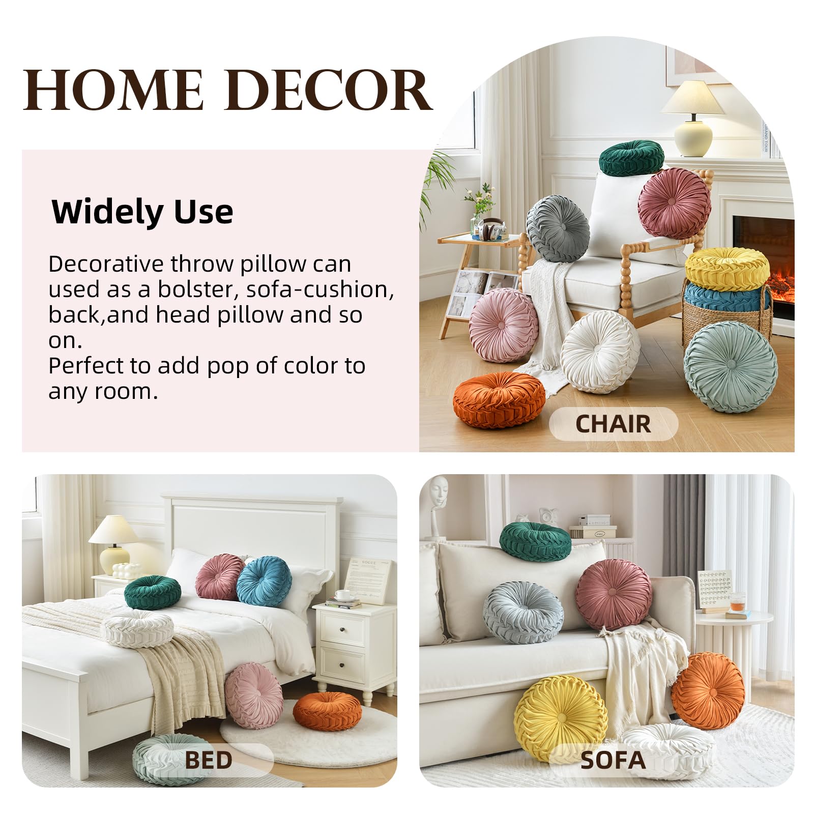Teieas Round Throw Pillow Velvet Home Decoration Pleated Round Pillow Cushion for Couch Chair Bed Car Black