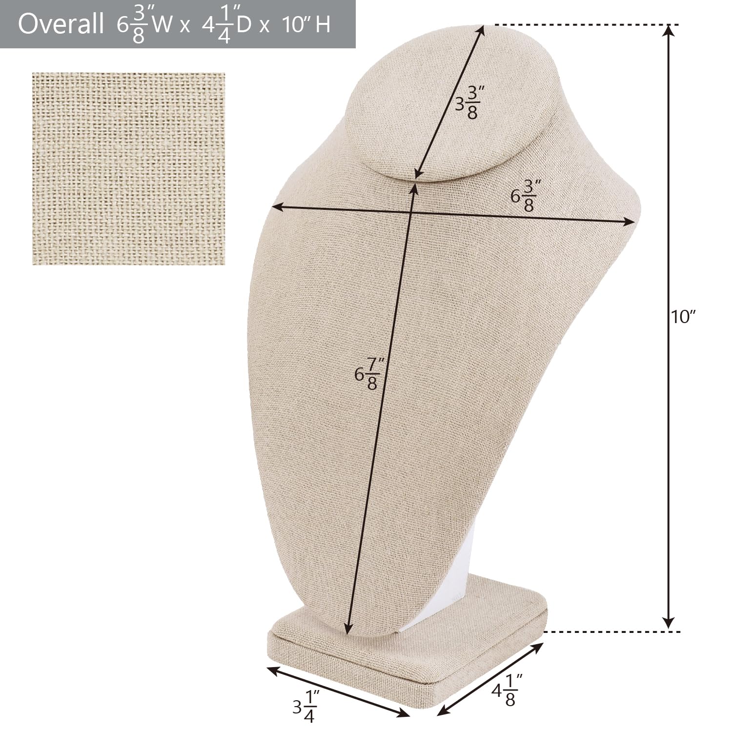 MOOCA Linen Covered Wood Jewelry Display Necklace Chain Jewelry Bust Display Holder Stand, Necklaces Bust Mannequin, 6 3/8 W x 4 1/4 D x 10 H in, Tan Linen