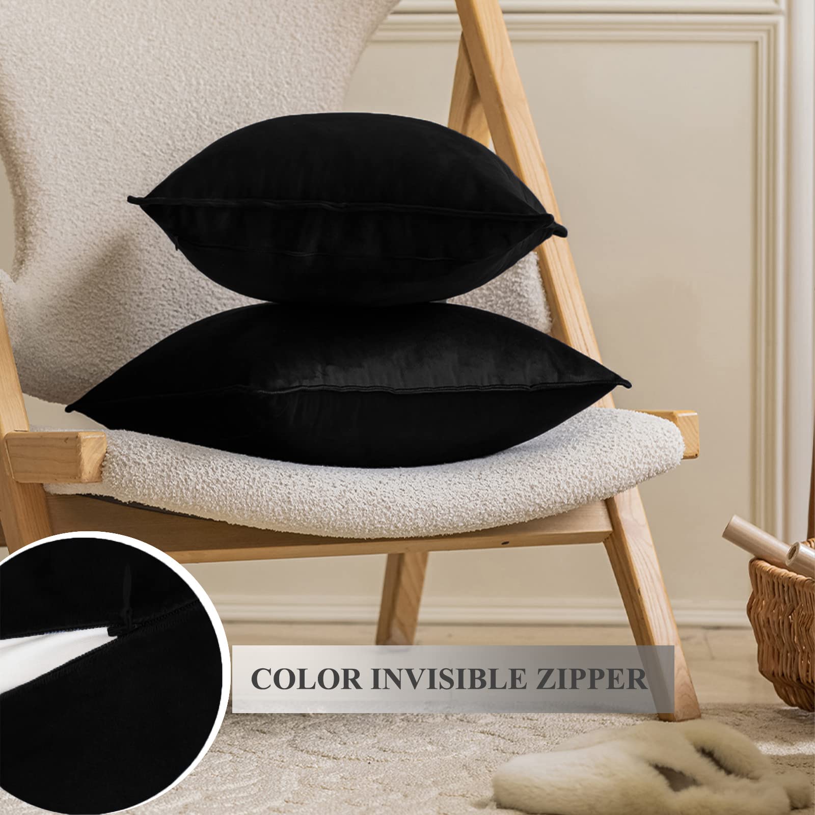 JIAHANNHA Velvet Black Throw Pillow Covers 18×18 Inches Pack of 2 Decorative Soft for Couch Sofa Bed Livingroom Office