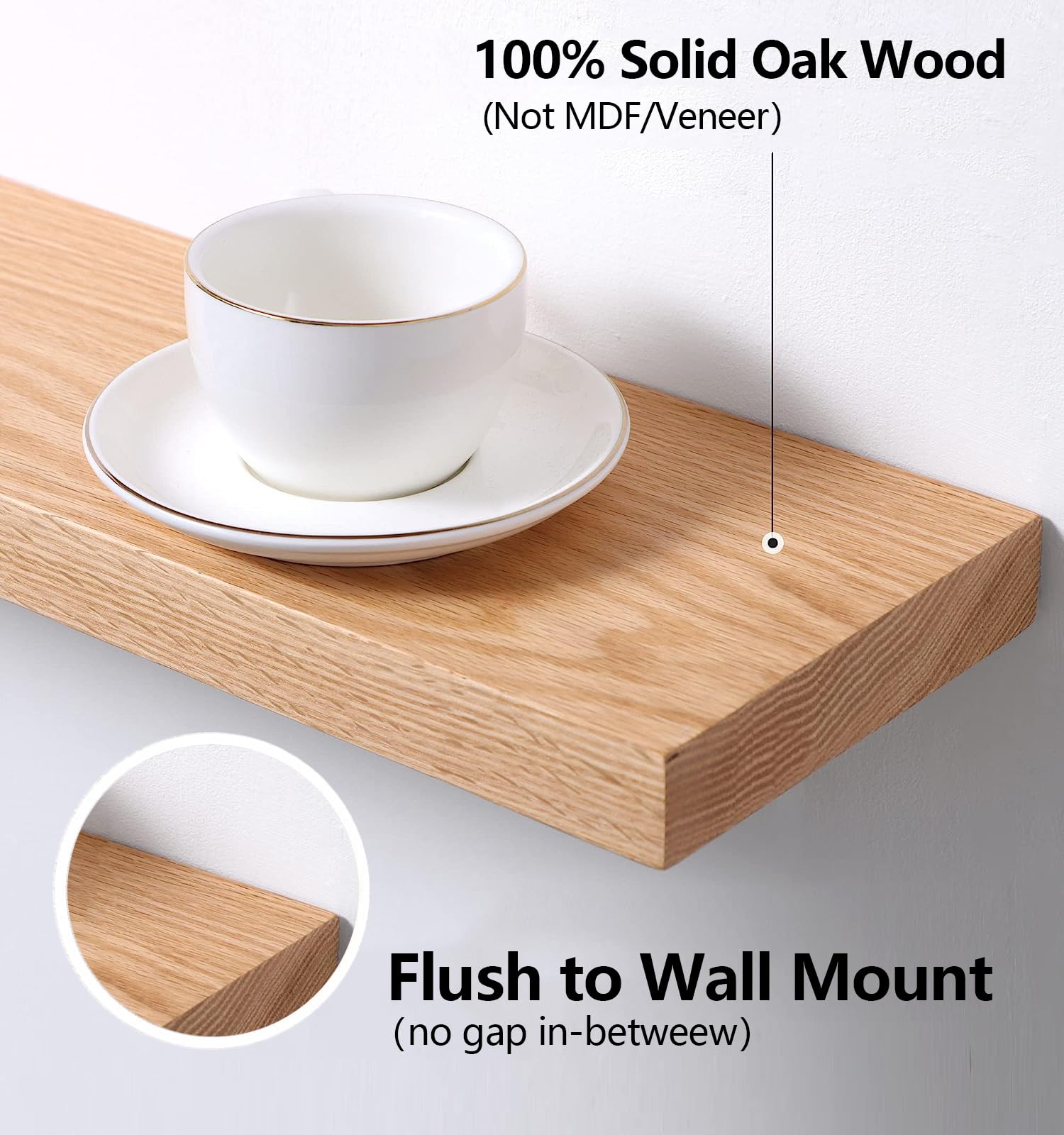 Conamily Oak Floating Shelves, 100% Solid Oak Wood Wall Mounted Natural Wood Wall Shelf Display Shelf for Home Office Living Room Bedroom Wall Storage Shelf (16inch)