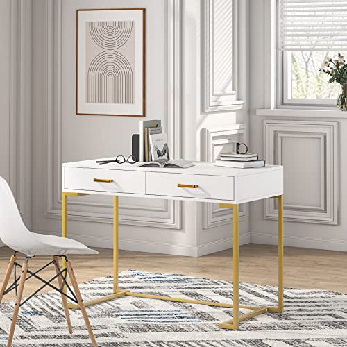 Tribesigns Computer Desk with 2 Drawers, 39.4β Modern Simple White and Gold Writing Desk Desk with Storage Drawers, Makeup Vanity Console Table Study Desk for Home Office