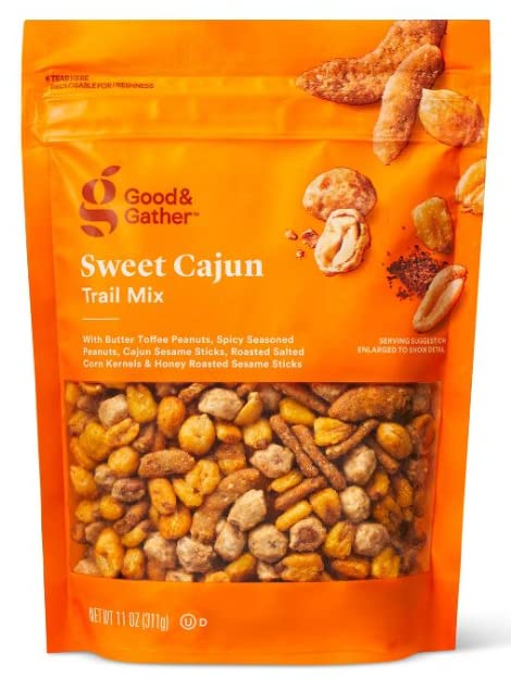 Good Gather Sweet Cajun Trail Mix with Butter Toffee Peanuts, Spicy Seasoned Peanuts, Cajun Sesame Sticks, Roasted Salted Corn Kernels and Honey Roasted Sesame Sticks. 11 Oz (2 Pack)