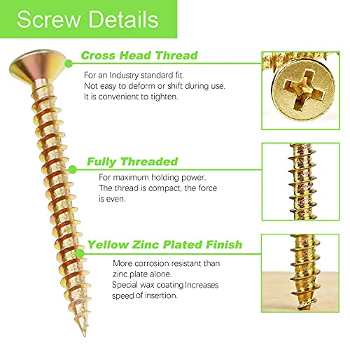 M3 Flat Head Wood Screws Assortment Fasteners Kit 420pcs,Phillips Drive Countersunk Head Self-Tapping Screws,Yellow Zinc Plated Finish,Contains 20pcs M6 Screw Anchors