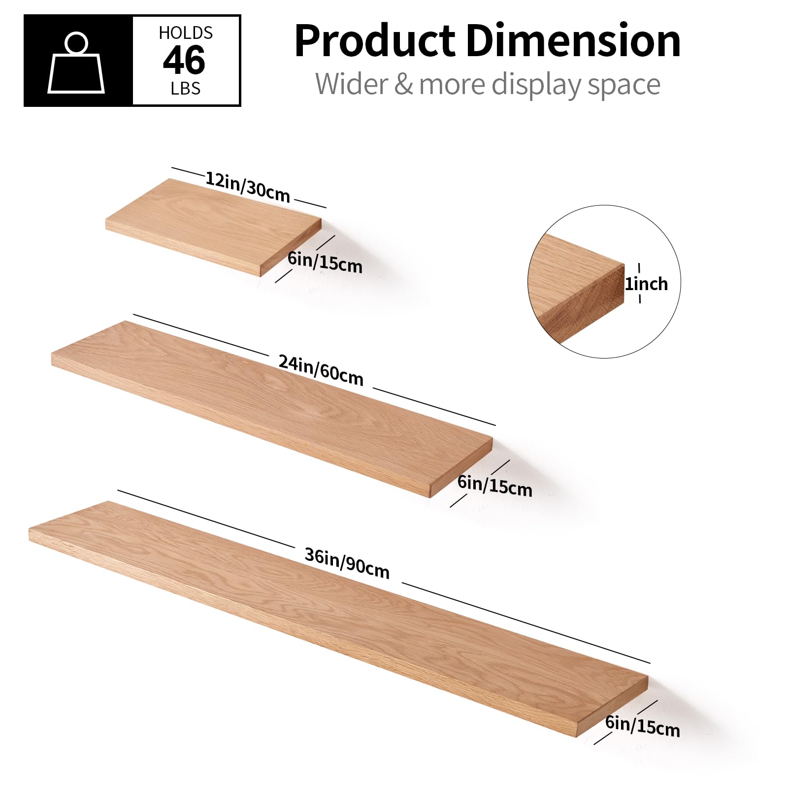 Conamily Oak Floating Shelves, 100% Solid Oak Wood Wall Mounted Natural Wood Wall Shelf Display Shelf for Home Office Living Room Bedroom Wall Storage Shelf (16inch)
