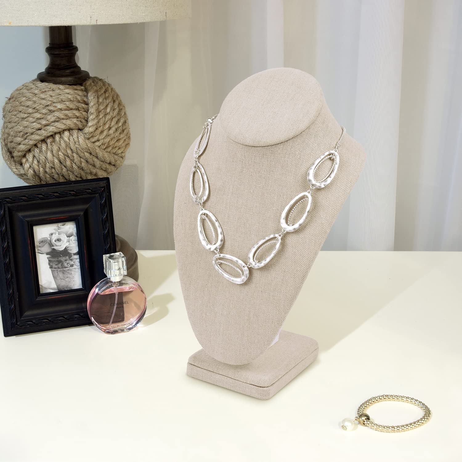 MOOCA Linen Covered Wood Jewelry Display Necklace Chain Jewelry Bust Display Holder Stand, Necklaces Bust Mannequin, 6 3/8 W x 4 1/4 D x 10 H in, Tan Linen