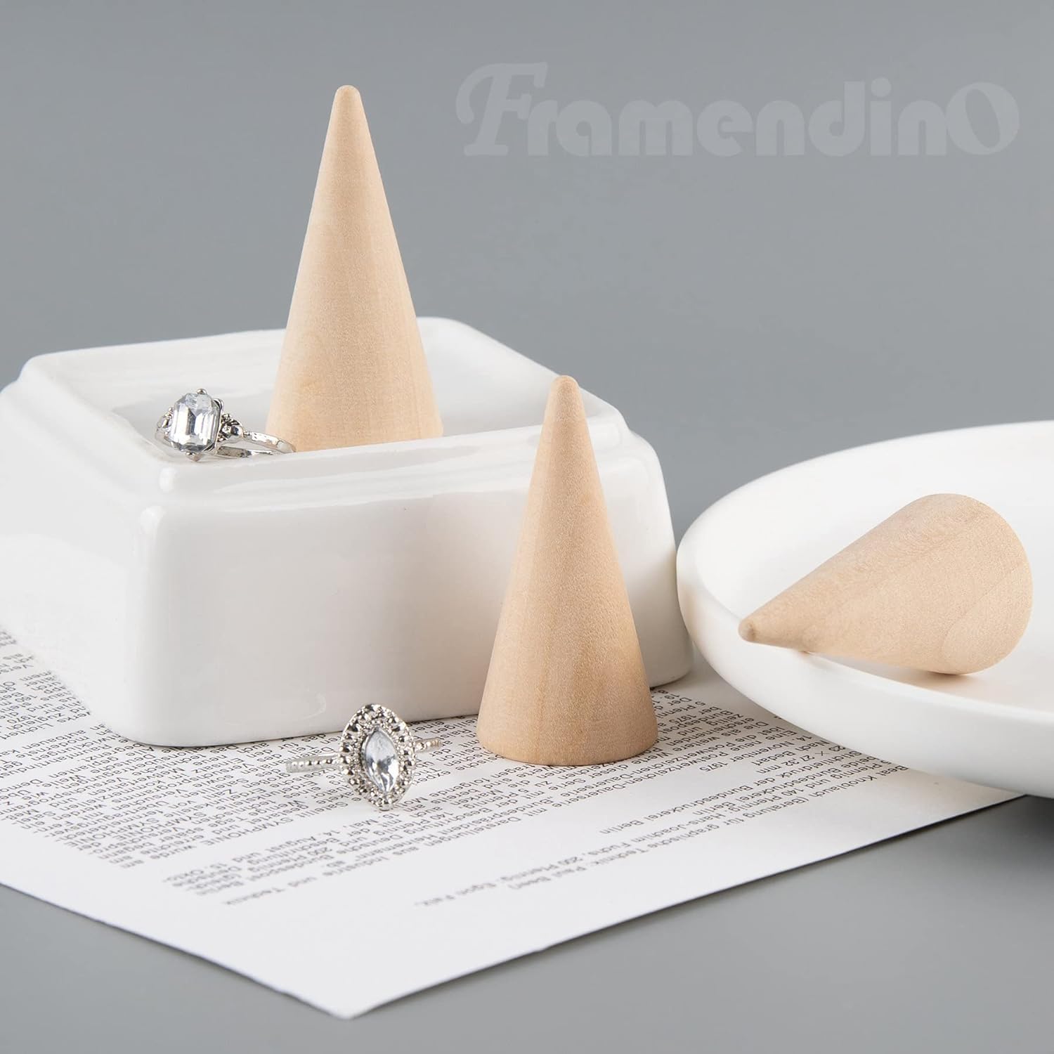 Framendino, 10 Pack Natural Wood Cone Ring Holder Finger Jewelry Display Stand Organizer DIY Craft Wooden (Vertical Shaped)