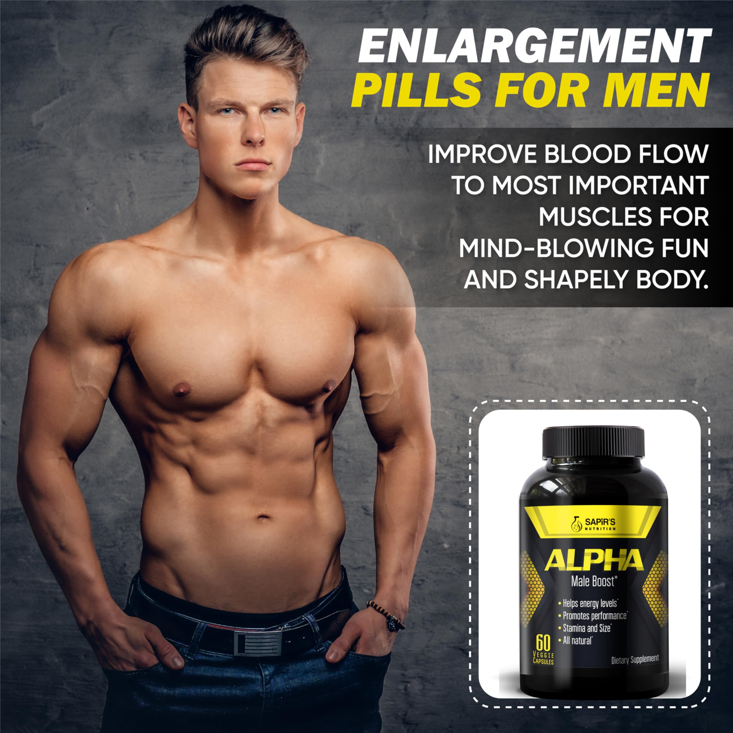 Alpha Enlargement Pills for Men - Increase 2 in 60 Days Male Enhancing Supplement - Horny Goat Weed Muscle Builder - Testosterone Booster for Men - Energy, Strength, Stamina, Endurance, Performance