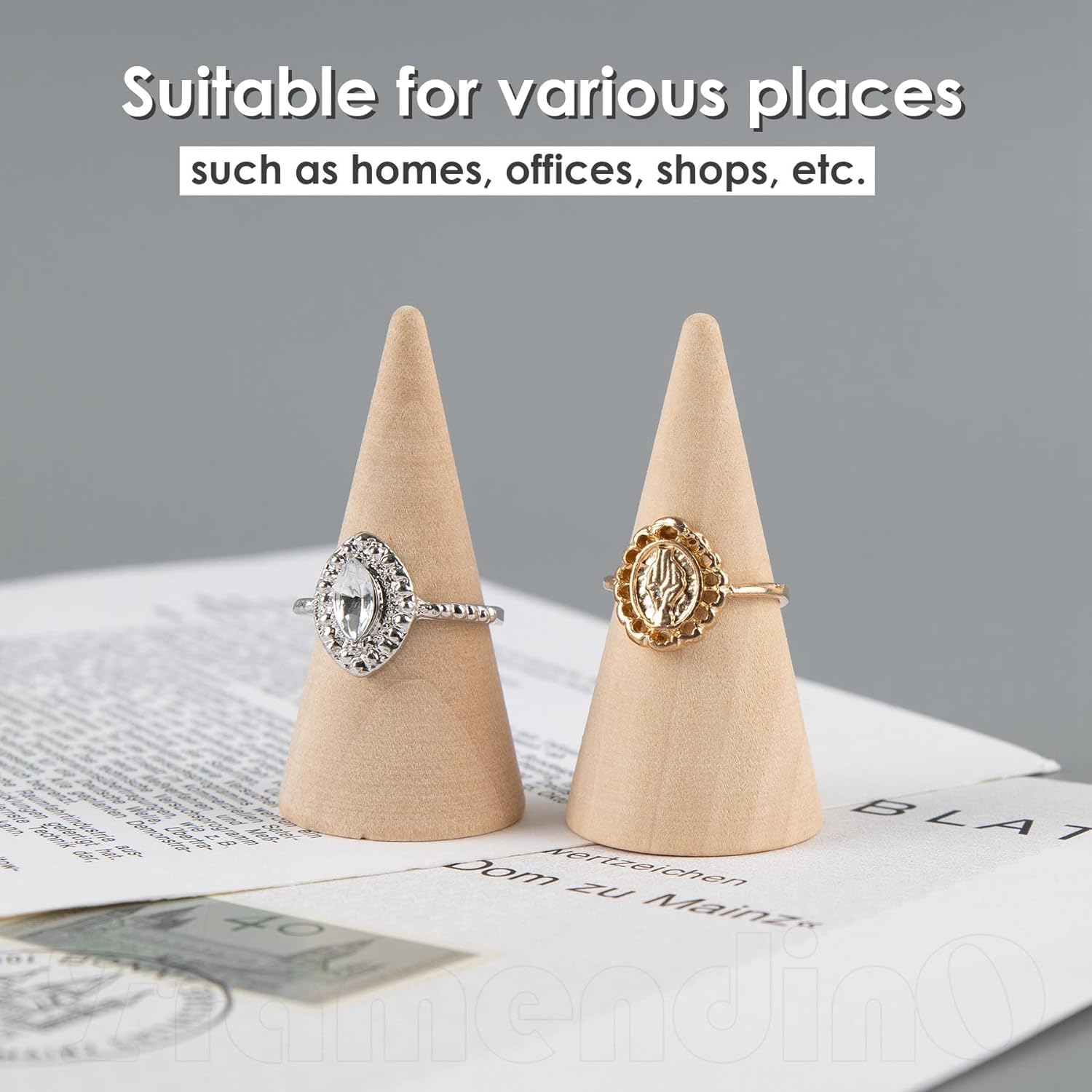Framendino, 10 Pack Natural Wood Cone Ring Holder Finger Jewelry Display Stand Organizer DIY Craft Wooden (Vertical Shaped)