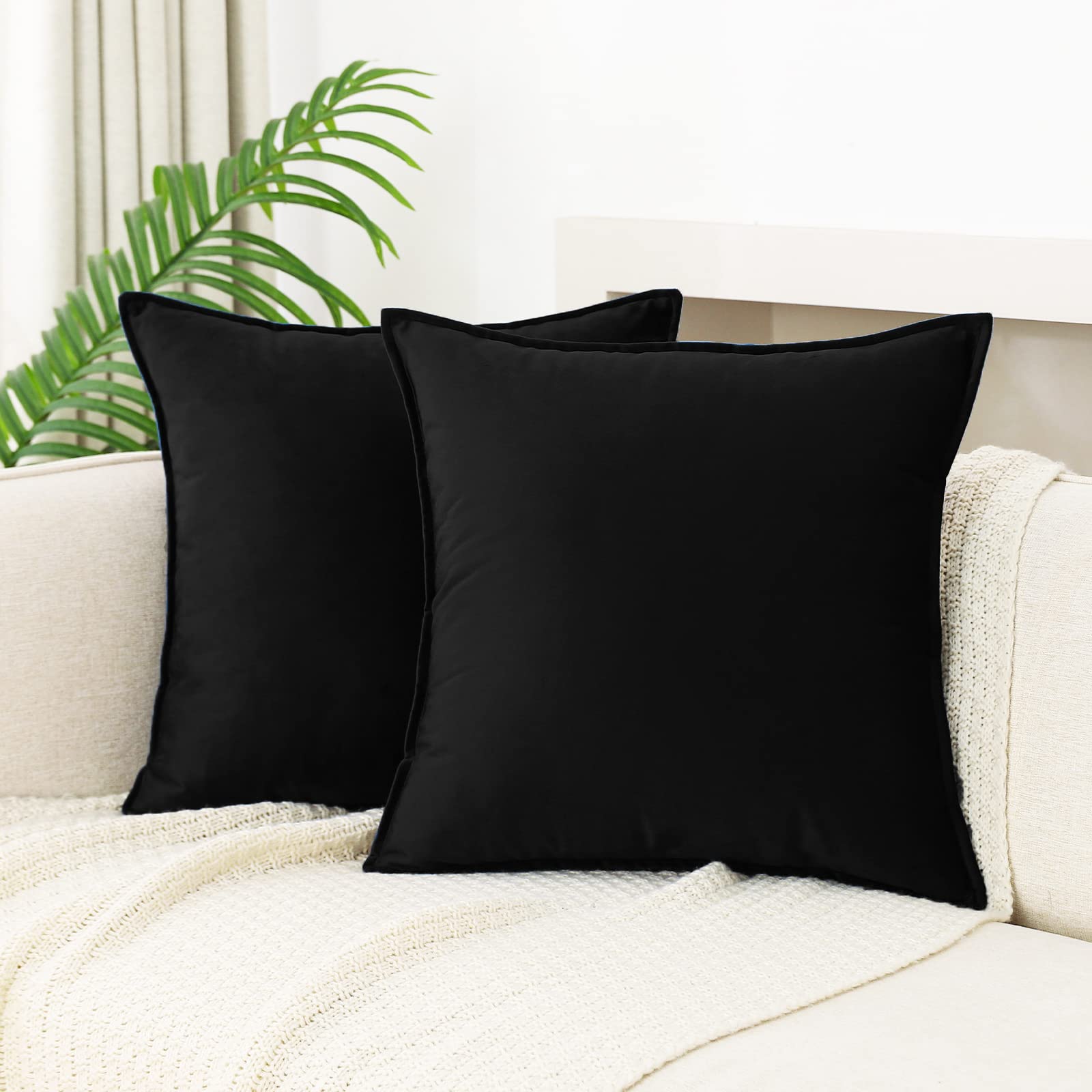 JIAHANNHA Velvet Black Throw Pillow Covers 18×18 Inches Pack of 2 Decorative Soft for Couch Sofa Bed Livingroom Office